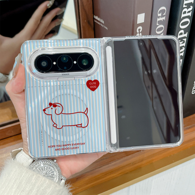 ins风红线条小狗适用华为PuraXMax手机壳小米18Fold折叠屏iPhone Duo透明matex7/6中轴磁吸三星ZFold8小众女