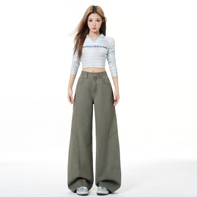 BRN军绿色工装牛仔裤女美式高腰直筒显瘦长裤宽松解构设计阔腿裤