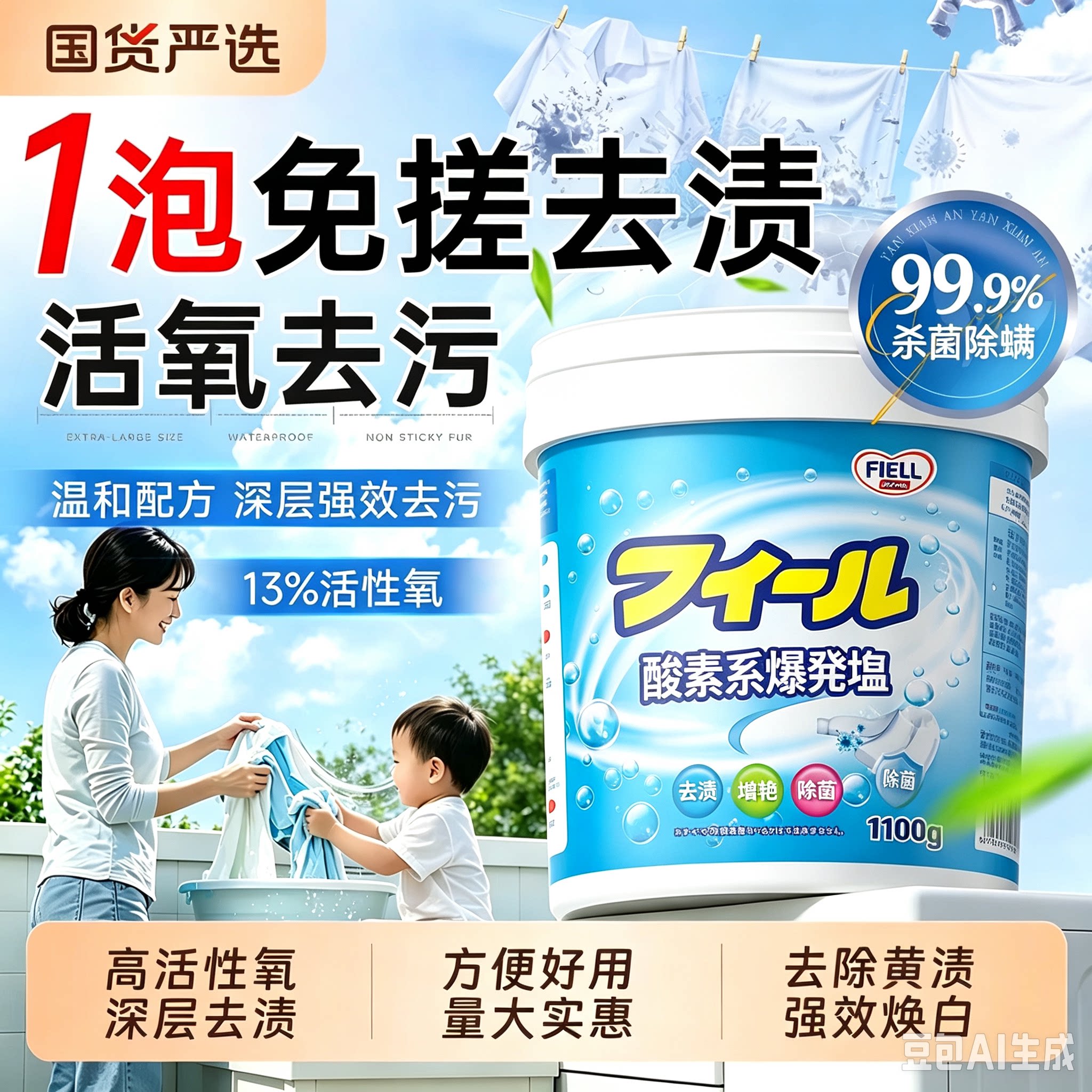 FIELL爆炸盐洗衣去污渍强婴幼儿去黄增白漂白剂彩色衣服通用彩漂
