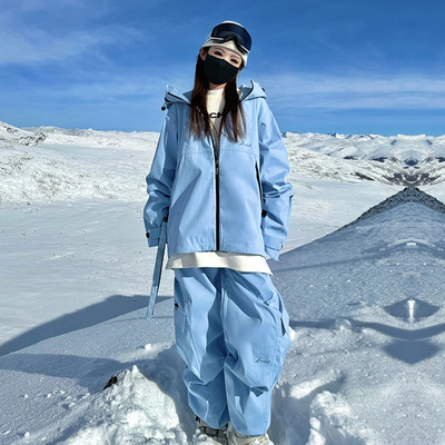 Ren刃川 酒红浅蓝新款冬季男女耐磨防水透气3L压胶加绒滑雪服套装