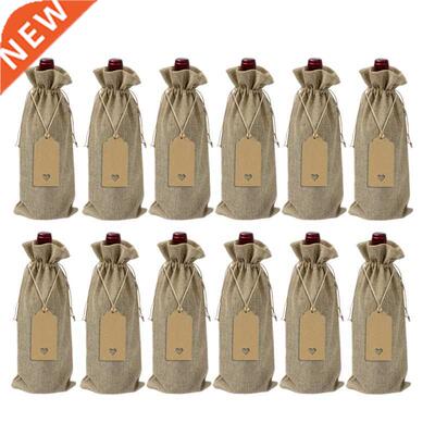 12 Pieces Burlap Wine Bags Jute Wine Bottle Bags with Drawst