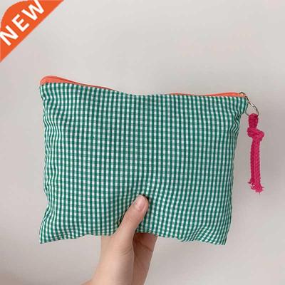 Women Plaid Makeup Bag Fashion Cotton Zipper Pouch Multipurp