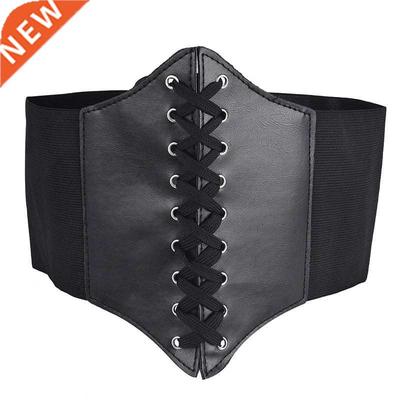 Women Belt Stch Design Black Leather Girdle Dress Jeans Vers