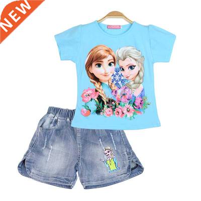Cotton Girls Outfits Short Sleeve Cartoon Frozen Elsa Summe