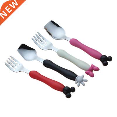 2Pcs Baby Spoon Fork Set Safety Stanless Steel Chldren Fee