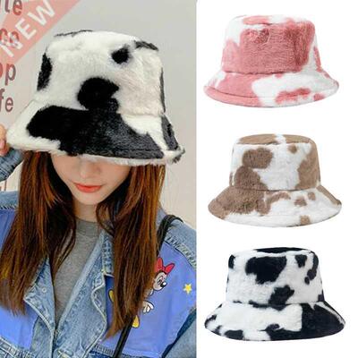Fashion Winter Cow Print Women Bucket Hat Faux Fur Fluffy Pl