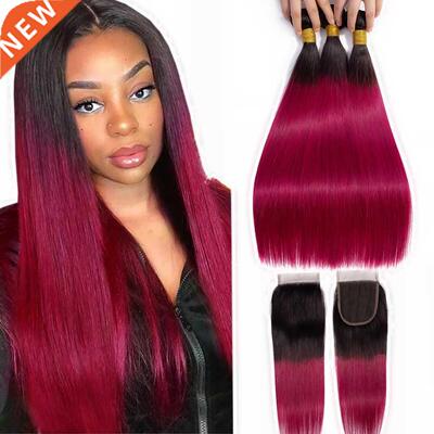 Ombre Hair Bundles With Closure Straight Colored Bundles wit