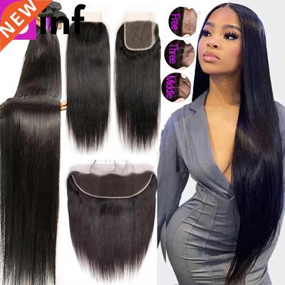 Bone Straight Bundles With Closure 30 38 40 Inch 5X5 6X6 HD