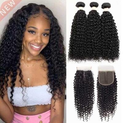 Sapphire Brazilian Kinky Curly Human Hair Bundles With 4X1 L