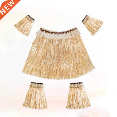 5pcs Hawaiian Fancy Grass Skirt Set Arm and Leg Bands