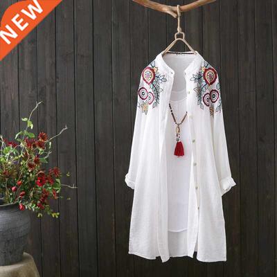 Women White Shirt 100% Cotton Emroidery Long Sleeve utton