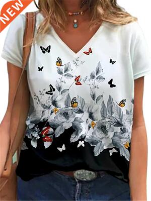 Women Fashion T-Shirts Summer Short Sleeve Casual Tops Butte