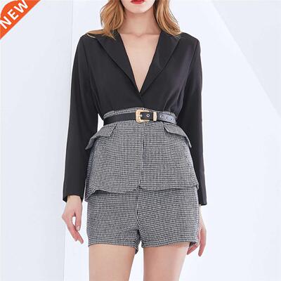 Women's Long Sleeve Belt Blazer Wide Leg Shorts Casual Suit