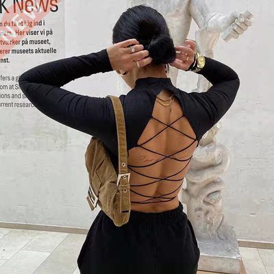 202 2 slim long sleeve open back hollow bottoming shir t女