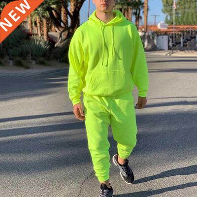 Neon Green Style Men's Fashion Tracksuit Solid 2 Pieces Long