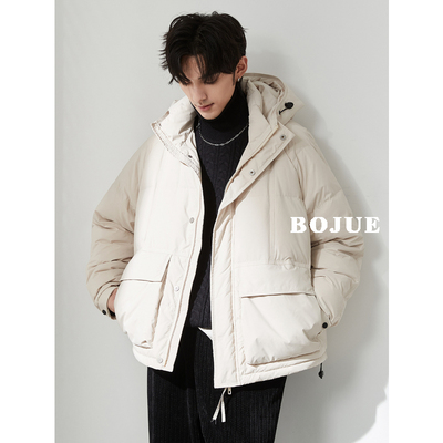 BJZE男装24冬季新品设计感工装连帽羽绒服男短款纯色休闲鸭绒外套
