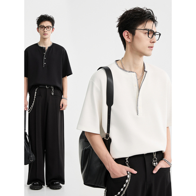 [果冻双面空气层]亨利领设计高级感 伯爵卓尔重磅圆领短袖T恤衫男