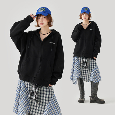 GOLFCROSS字母刺绣重磅连帽拉链开衫卫衣男女同款外套情侣款上衣