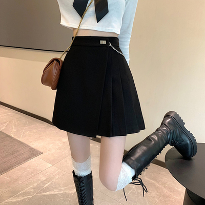 链条装饰不规则高腰百褶裙