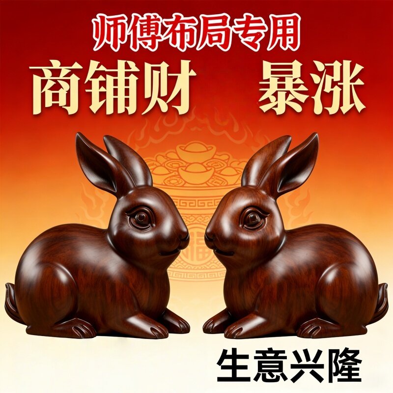 中式花梨木兔子摆件办公桌面装饰品商务摆设师傅布居专用工艺品
