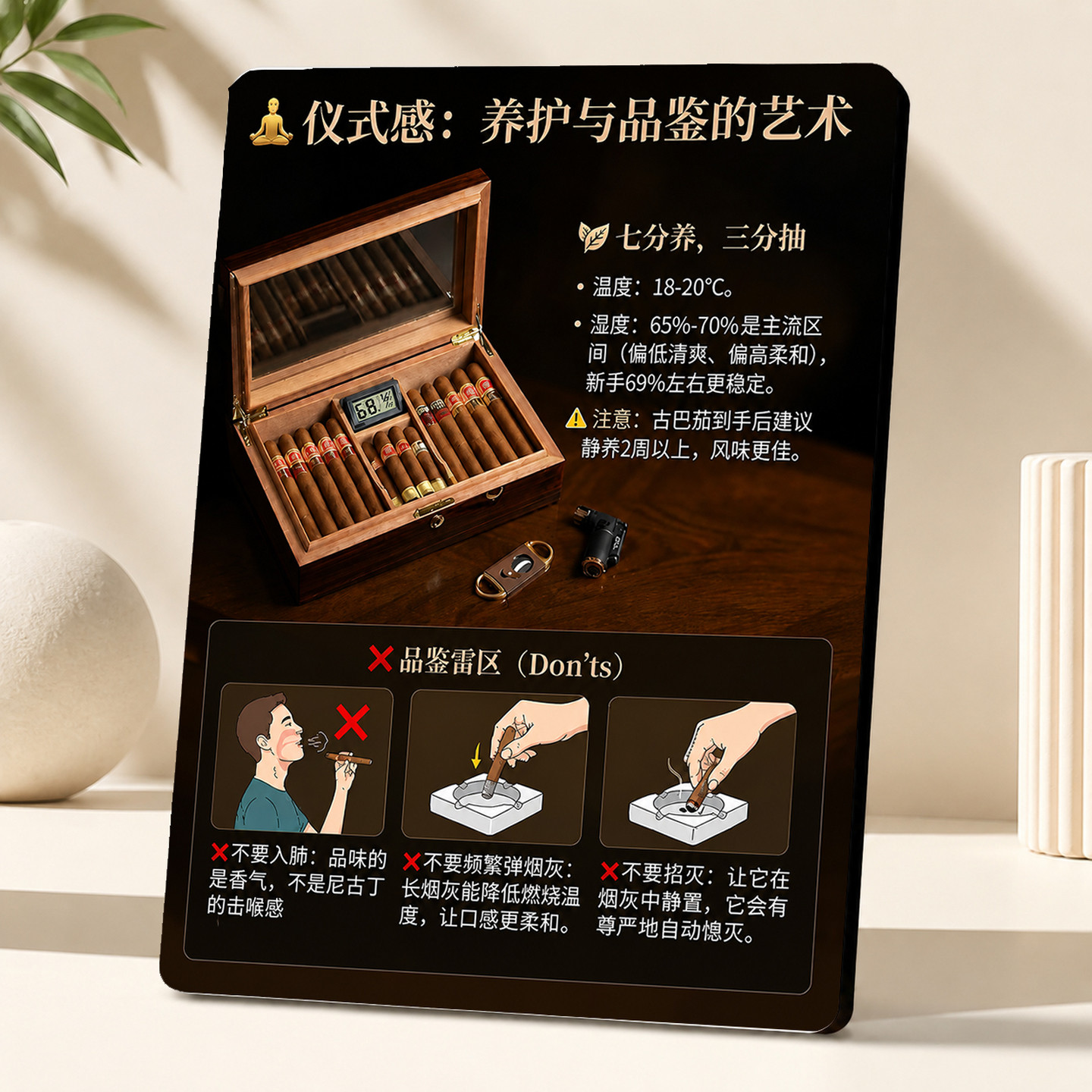 雪茄养护品鉴知识展示牌雪茄吧会所吧台装饰摆件新手养茄提示牌