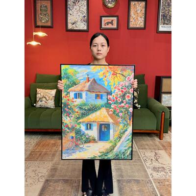 多巴胺风中的小稻草屋砂岩高端客厅沙发背景墙挂画G086装饰画6080