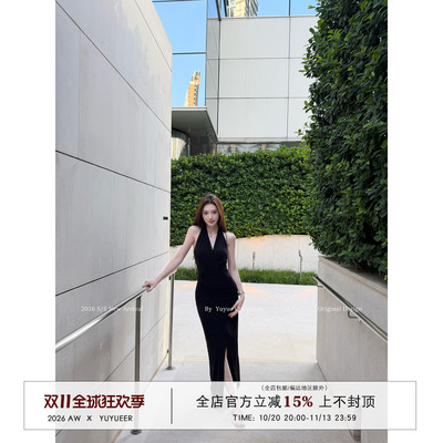 挂脖V领无袖露背裙女夏季