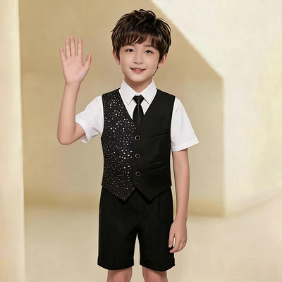 黑色镶钻马甲男童套装短袖演出服