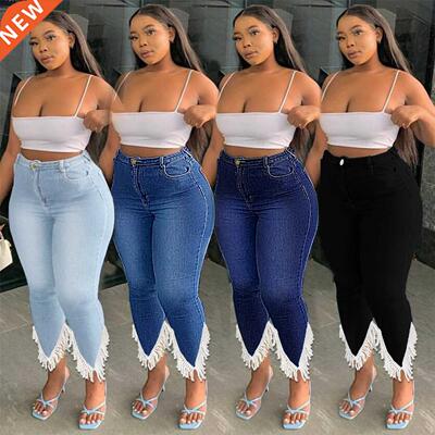 S-xl Stretch high Waist Fringe jeans大码弹力女士时尚牛仔裤