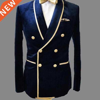 2 piece Navy Velvet Casual Men Suits with Double Breasted Sl