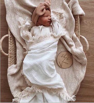 Muslin Cotton Baby Blanket Fringe 2 Layer Newborn Tassel Bla