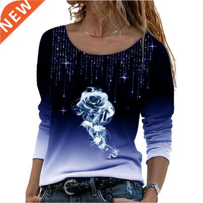 Women Fashion T-Shirt Oversize Long Sleeve O-Neck Printed Sh