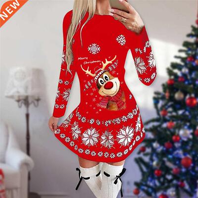 2022 New Women's Christmas print dress女士性感圣诞印花连衣裙