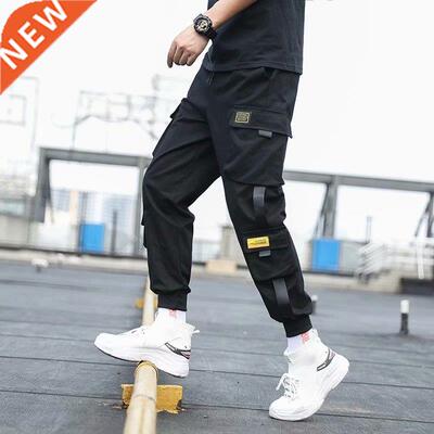 Men's Side Pockets Cargo Harem Pants 2022 Ribbons Black Hip