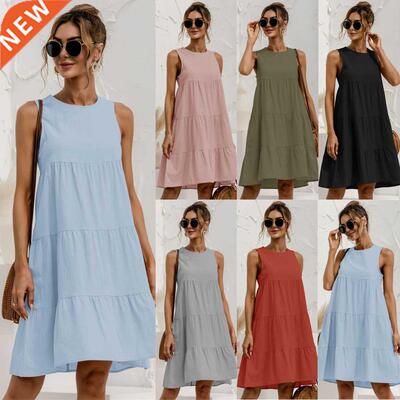 2022 Summer Women Vest Dress Cotton O-Neck Sleeveless Solid