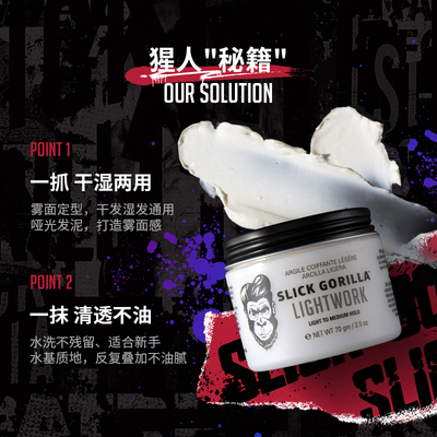 SLICKGORILLA猩猩轻盈定型发泥哑光纹理干湿两用水基古龙香泥70g