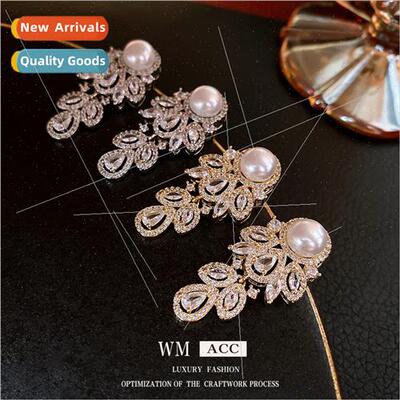 silver needle pearl zirconia water drop leaf earrings Korea