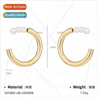 S925 silver pin pearl C-ring earrings women Europe niche zir