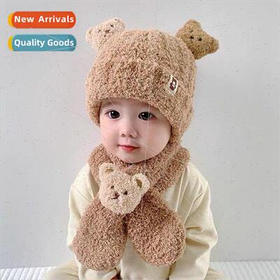 Children plush bear ears hat scarf all-in-one twoPCS set pad