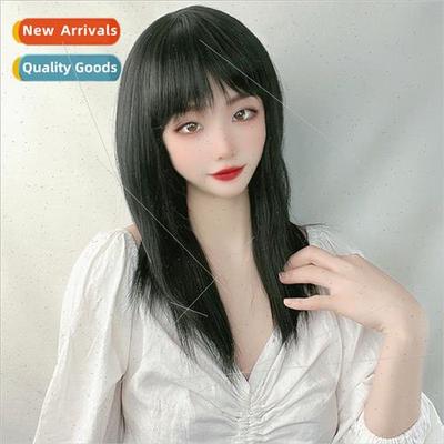 Wig female black long hair chemical fiber head covering moth