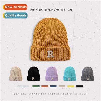 Koreas simple letter R crimped wool hat fall and winter cap