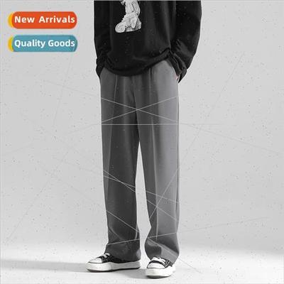 Ice silk pants men summer thin high set loose straight drape