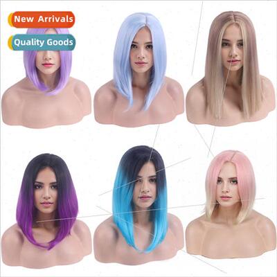 Europe wig headgear side parted long curly hair color gradie