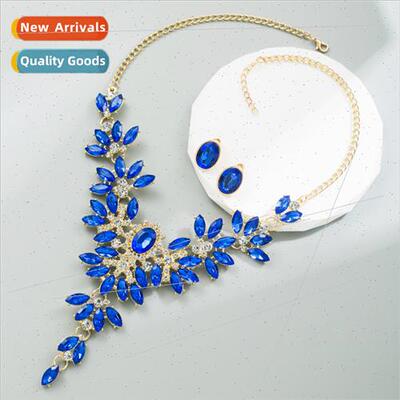 Europe fashion blue glass diamond necklace earrings two-piec