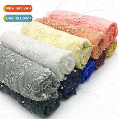Monochrome Cotton Lace Edge Stapled Pearl Scarf Beach Sun Pr