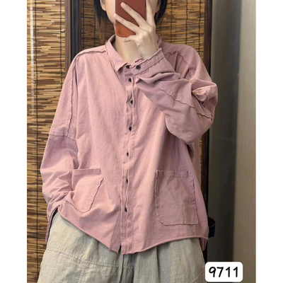 9711希哦正品纯棉复古翻领衬衫女款宽松显瘦时尚百搭休闲长袖衬