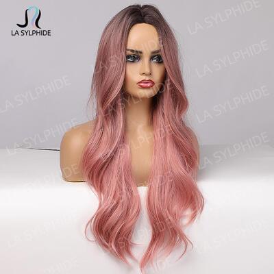 亚马逊Top粉色长卷发TEMU中分机制化纤欧美假发女Wigs