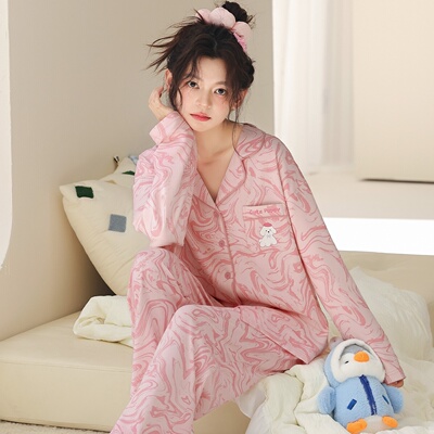 女士纯棉卡通开衫可外穿睡衣套装