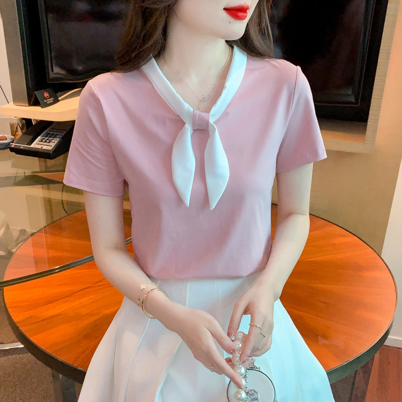 2026新款夏季纯棉短袖t恤女装高级感半袖蝴蝶结气质上衣洋气小衫
