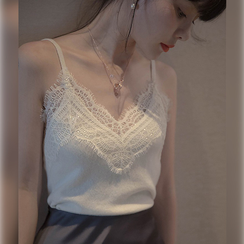 法式配小西装内搭蕾丝白色吊带背心女夏季西服打底别致性感上衣黑